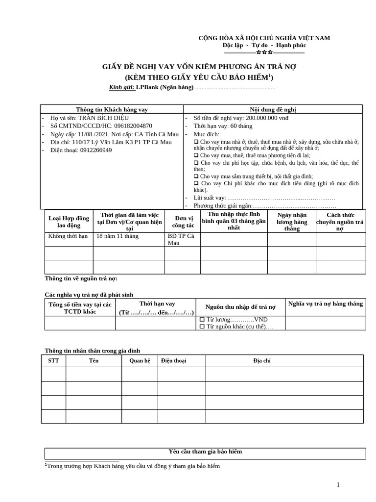 Mau 01 Giay de Nghi Vay Von - CBNVVNP | PDF