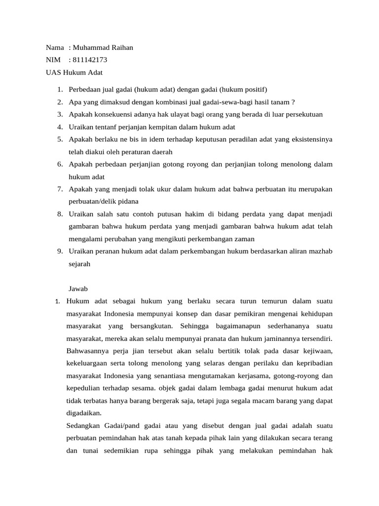 UAS HK Adat - Muhammad Raihan - 8111421733 | PDF