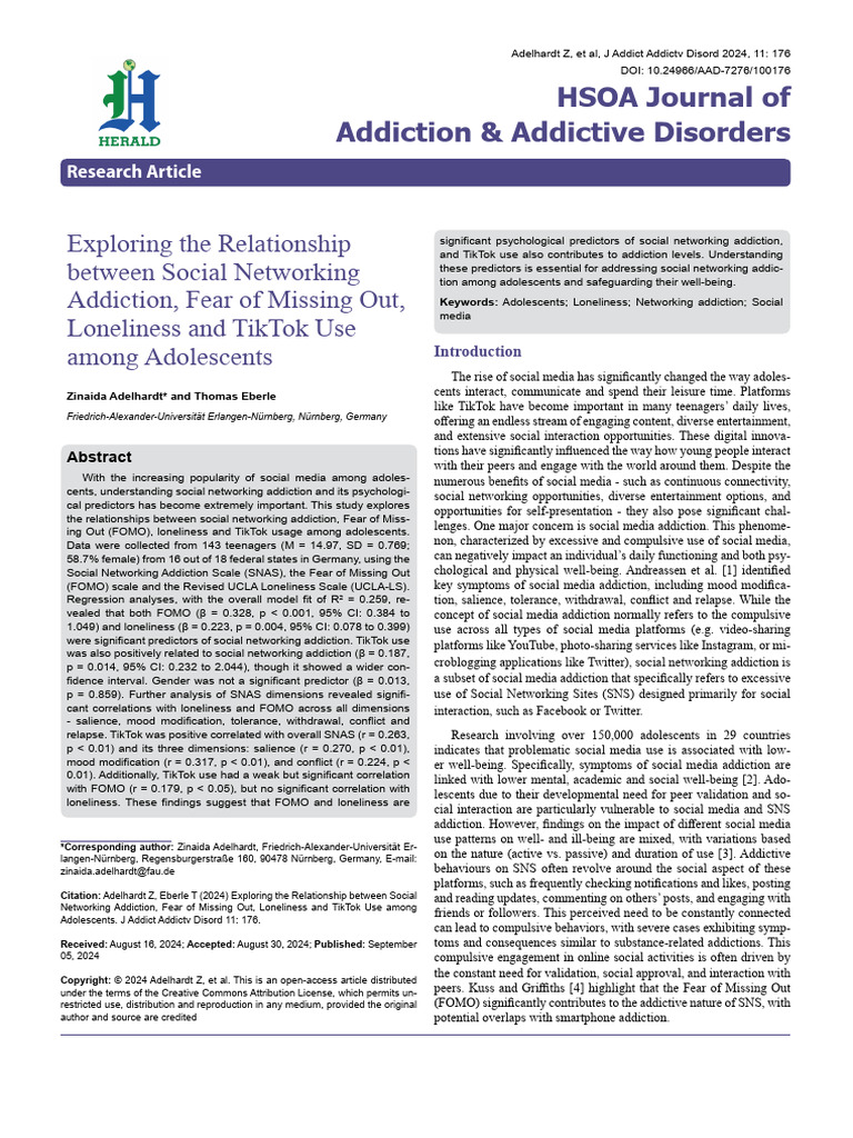 Exploring The Relationship Between Social Networking Addiction Fear of Missing Out Loneliness ...