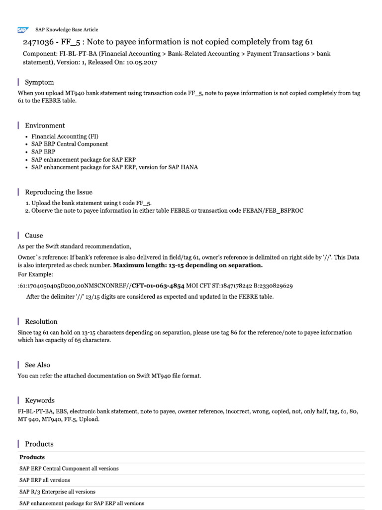 FF - 5 Note To Payee Is Not Copied Completely From Tag 61 | PDF