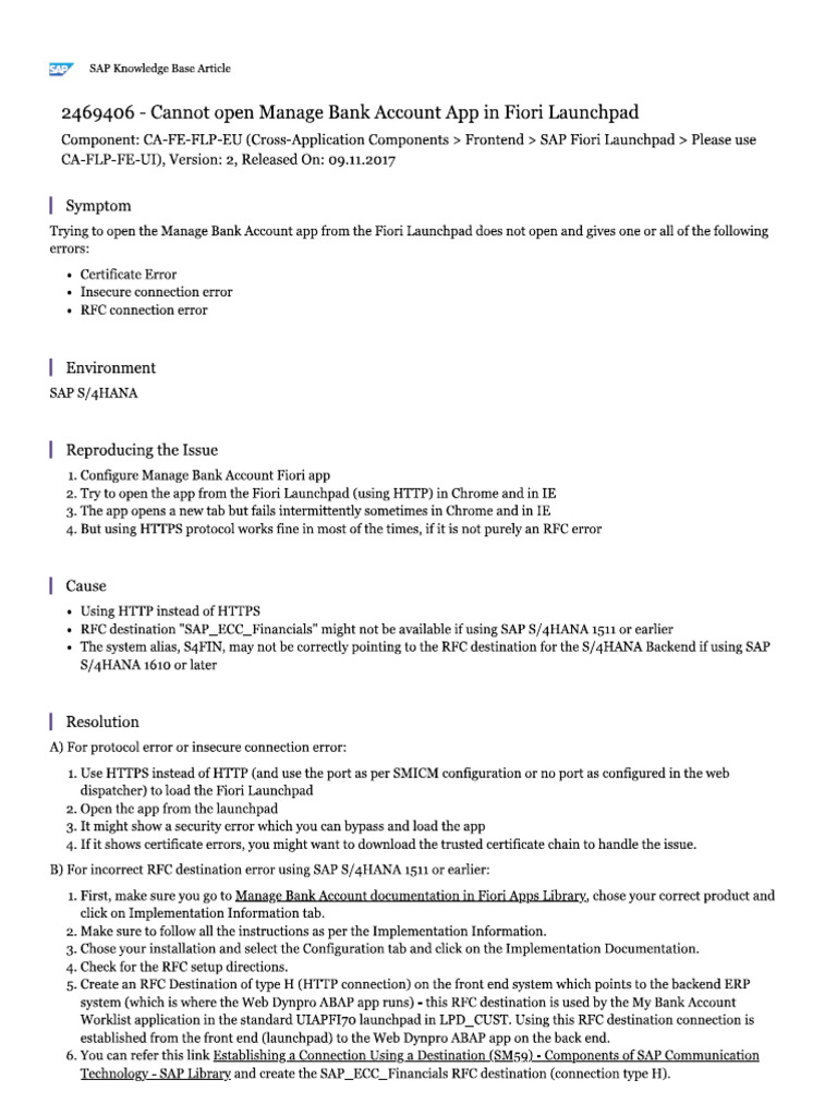 Cannot Open Manage Bank Account App in Fiori Launchpad | PDF