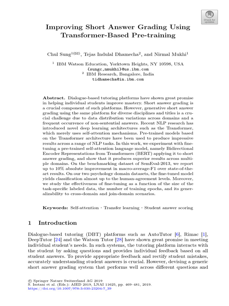 Improving Short Answer Grading Using Transformer-Based Pre-Training | PDF