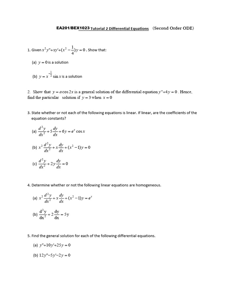 Math II Tutorial 2- Second Order ODE | PDF
