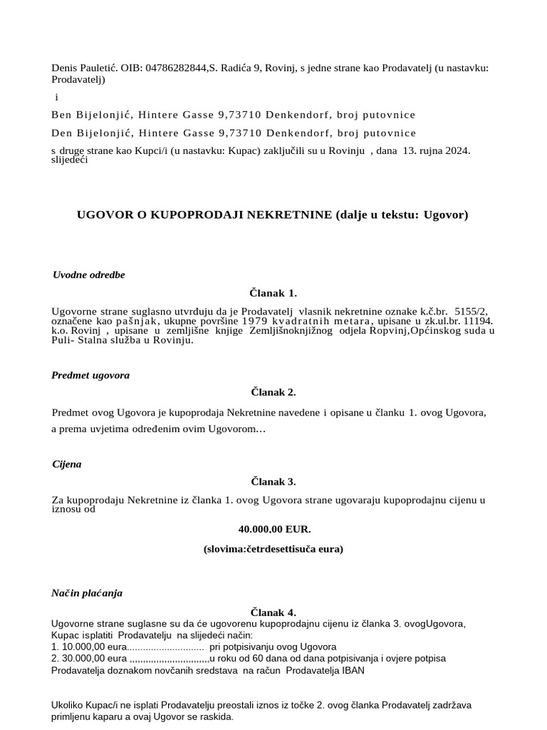 Ugovor o Kupoprodaji Nekretnine(1).Docx PAULETIĆ | PDF