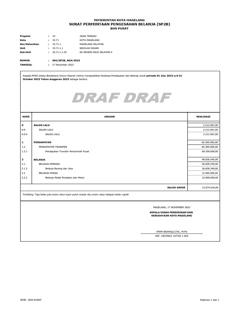 Draf Draf: Surat Permintaan Pengesahan Belanja (Sp2B) | PDF