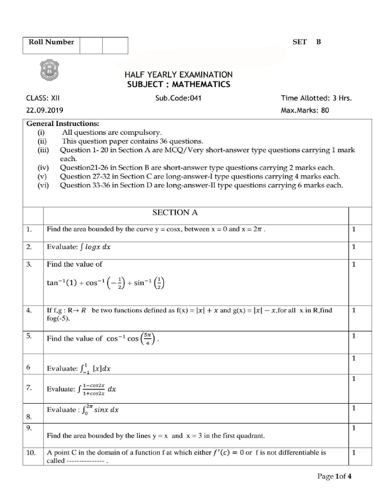 Class Xii Mathematics Half Yearly Examination QP Set B | PDF