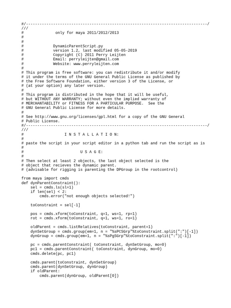 Dynamic Parenting Script For Maya by Perry Leijtin | PDF