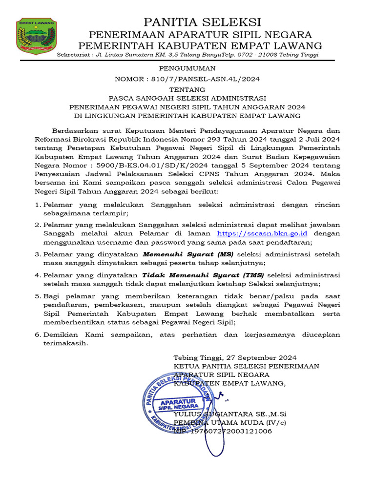 Pengumuman Pasca Sanggah Seleksi Administrasi Cpns Tahun 2024 | PDF
