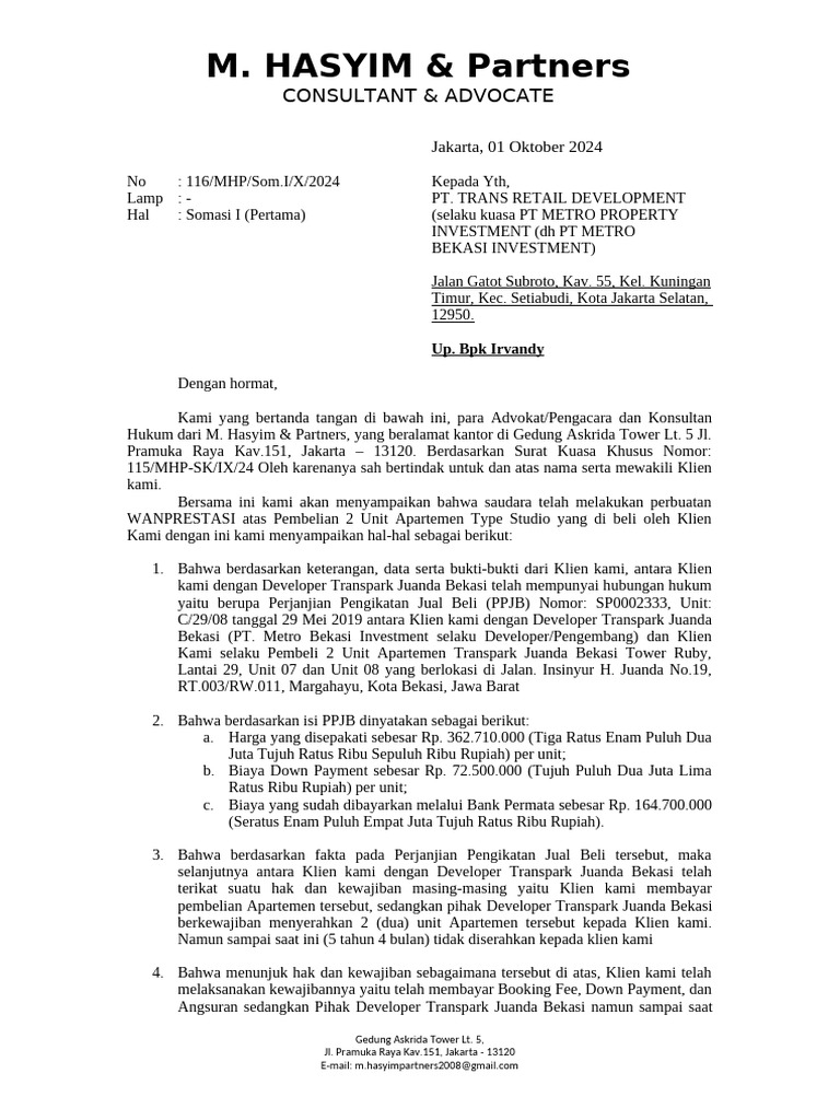 Revisi Tanggal 02 10 2024 Draft Somasi Rahman Vs Transpark | PDF