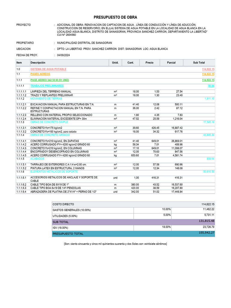 PRESUPUESTO DE OBRA | PDF