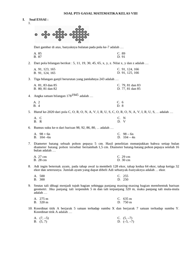 Soal Pts Gasal Matematika Kelas Viii | PDF