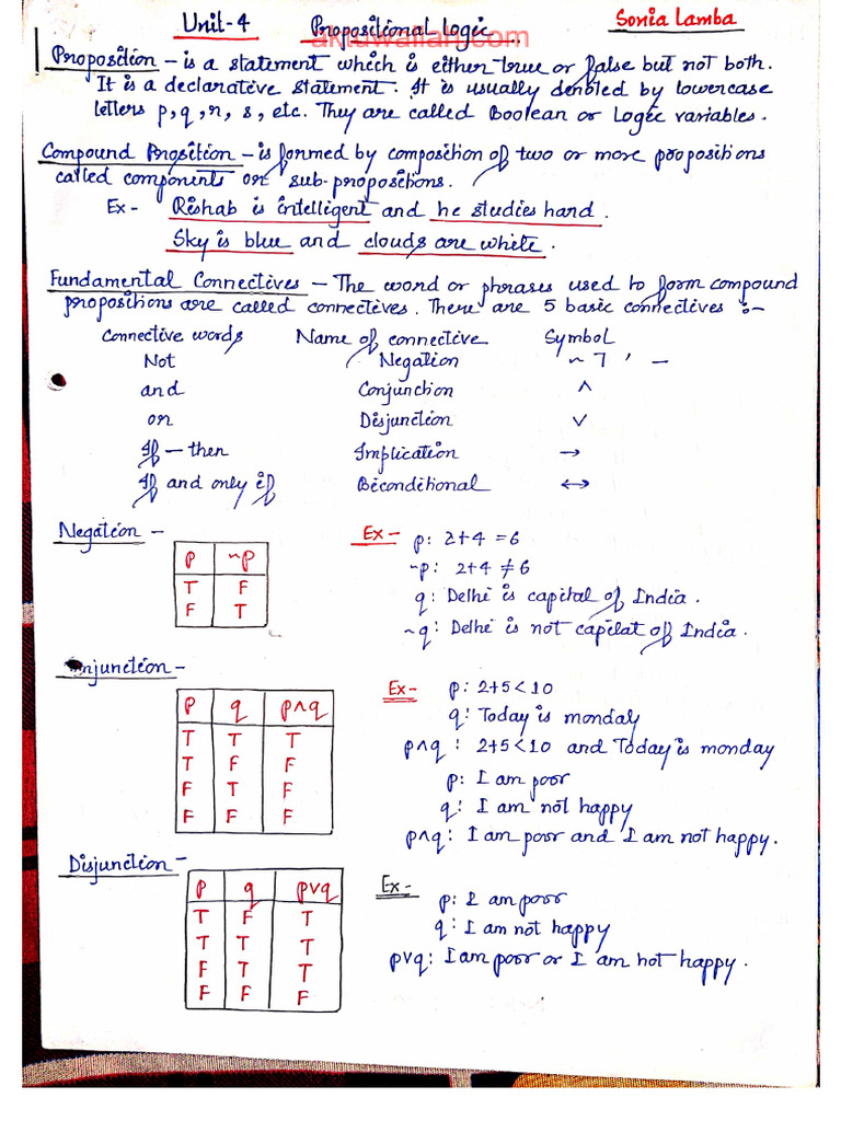 Propositional Logic (UNIT 4) - Handwritten Notes - Watermark | PDF