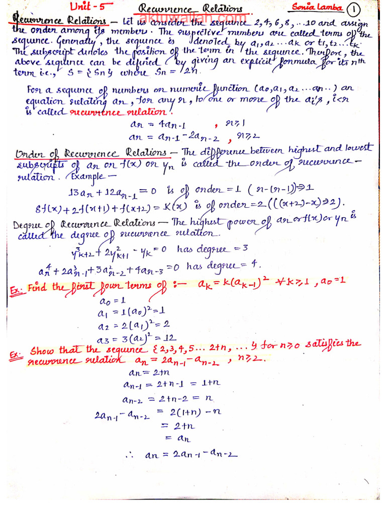 Recurrence Relation (Unit 5) - Handwritten Notes - Watermark | PDF