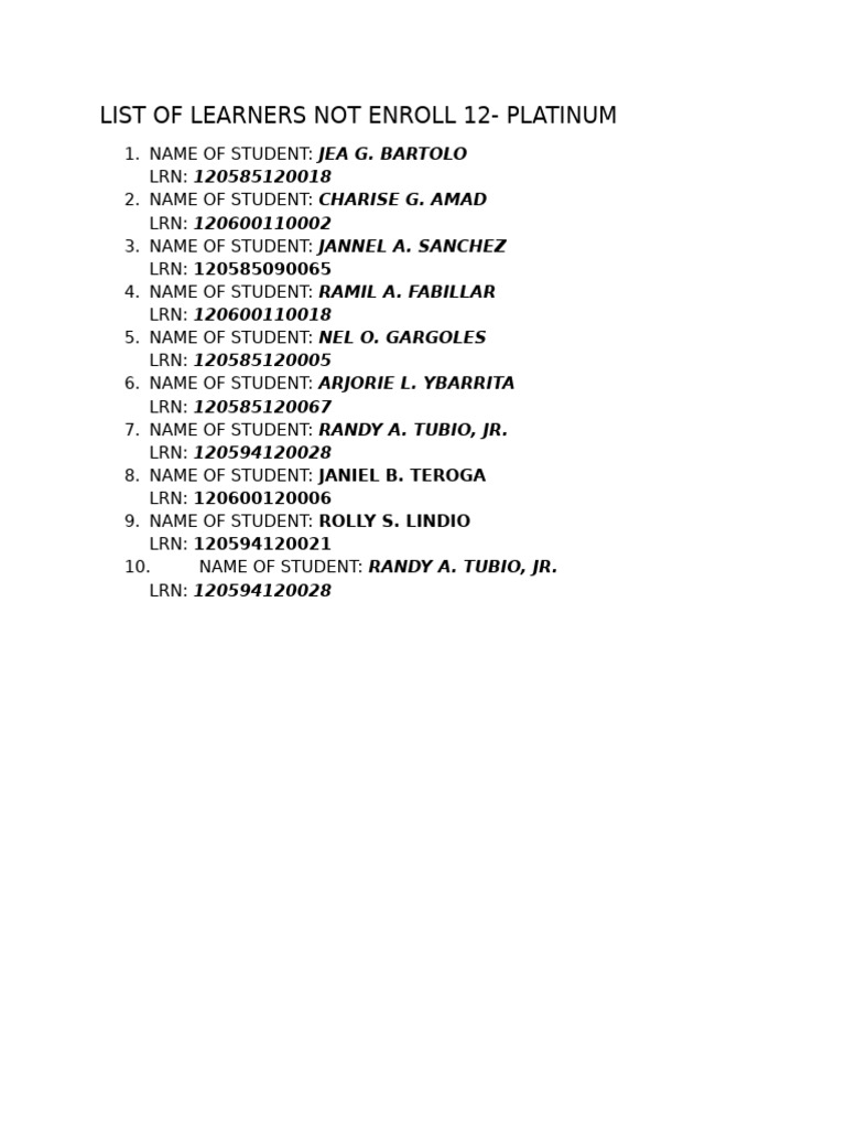List of Learners Not Enroll 12 | PDF