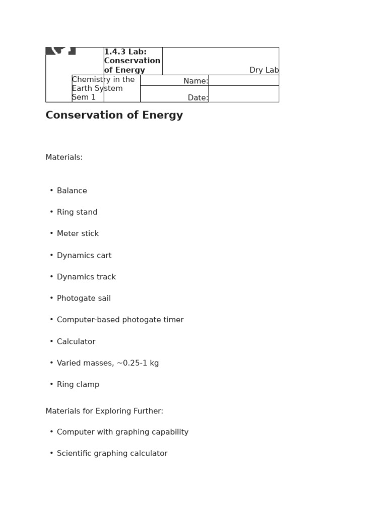 1.4.3 Lab - Conservation of Energy (Dry Lab) | PDF