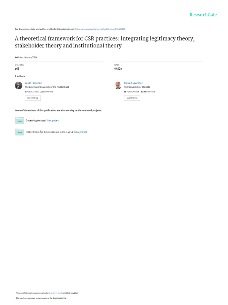 Susith & Stewart2014 - Theorial Framework For CSR - Integrating ...