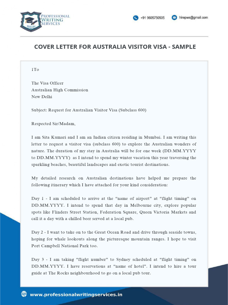 Sample Cover Letter For Australia Visitor Visa | PDF