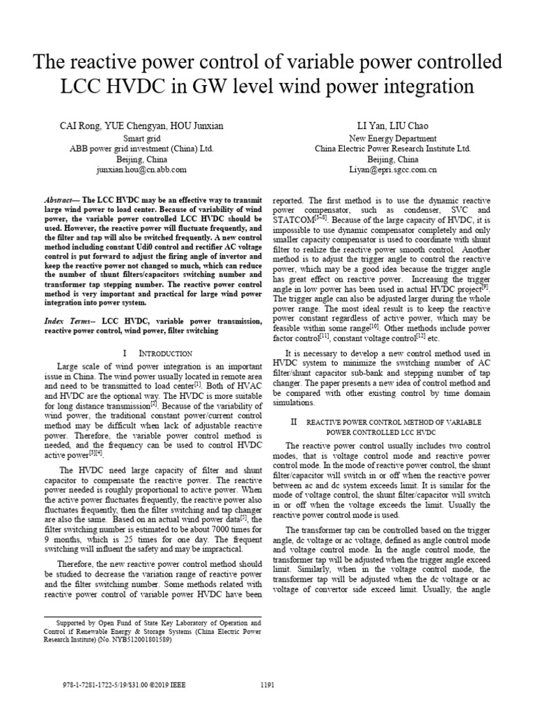 The Reactive Power Control of Variable Power Controlled LCC HVDC in GW Level Wind Power ...