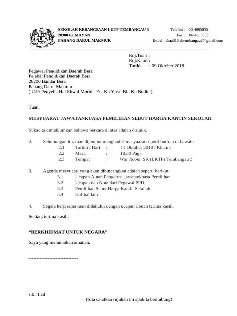 Surat Jemputan Pemilihan Tender Kantin | PDF
