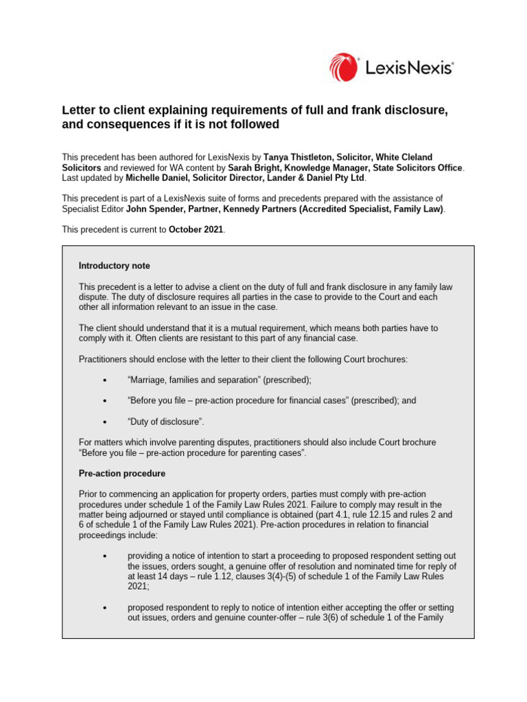 270.2120 Letter To Client Explaining Requirements of Full and Frank Disclosure, and Consequences ...