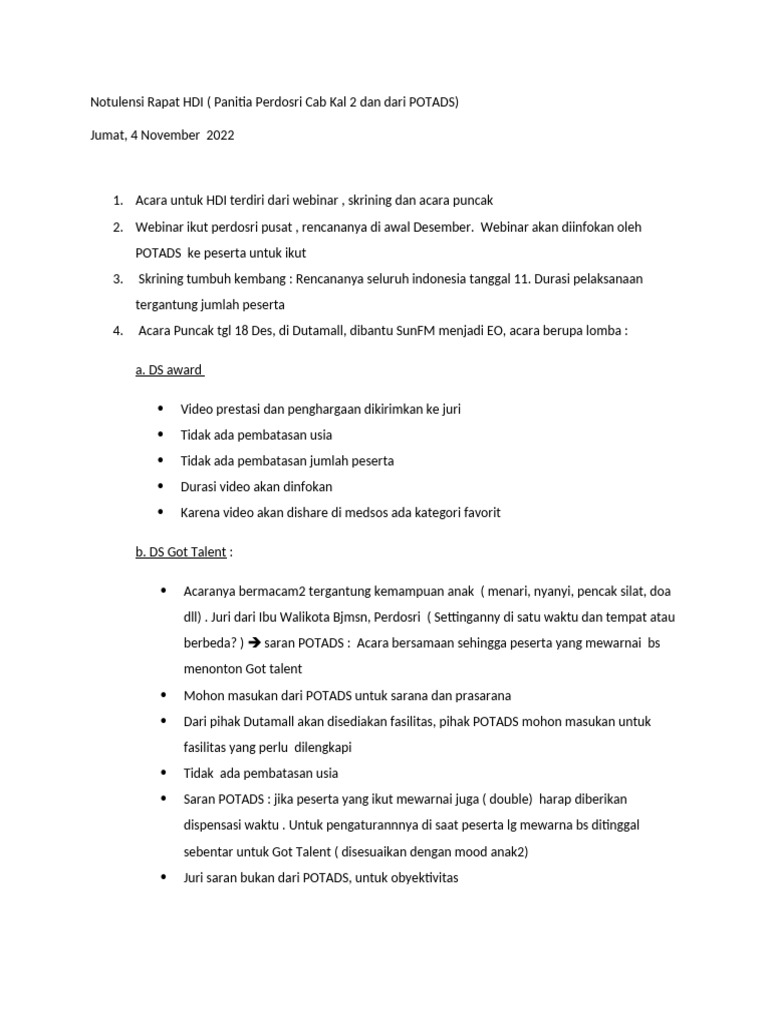 Notulensi Rapat HDI Dan POTADS | PDF