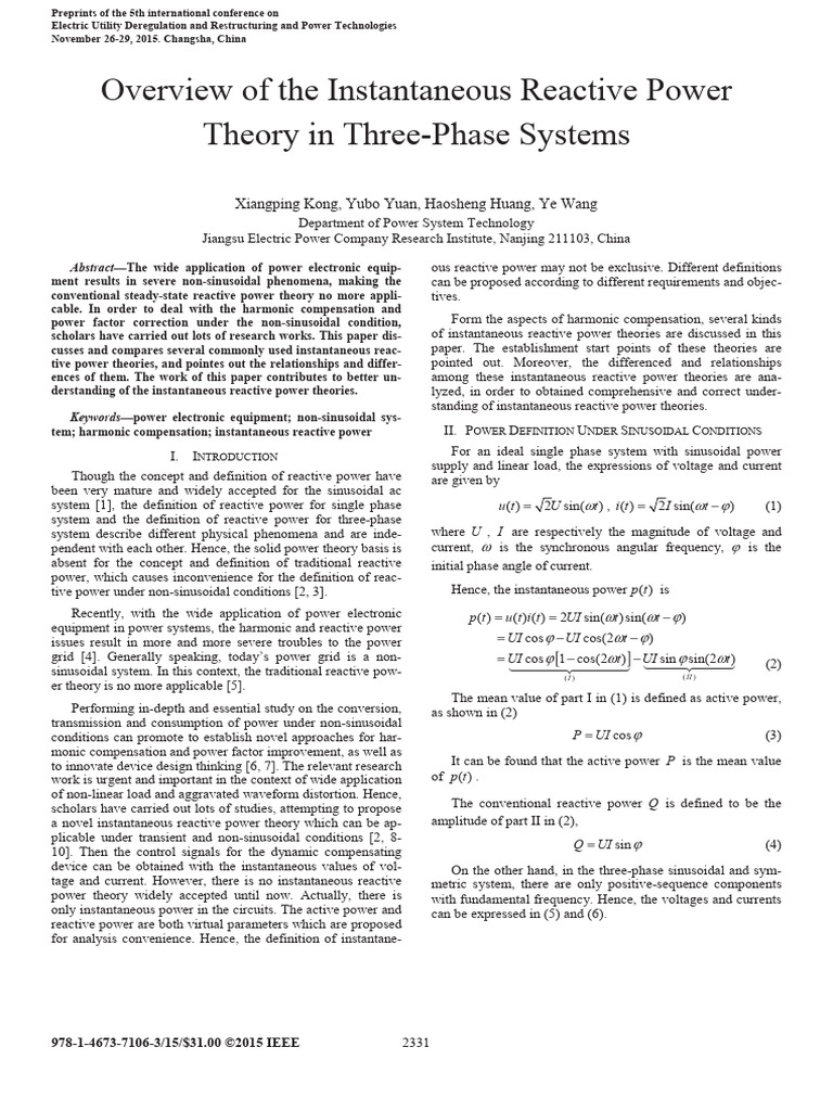 Overview of The Instantaneous Reactive Power Theory in Three-Phase Systems | PDF