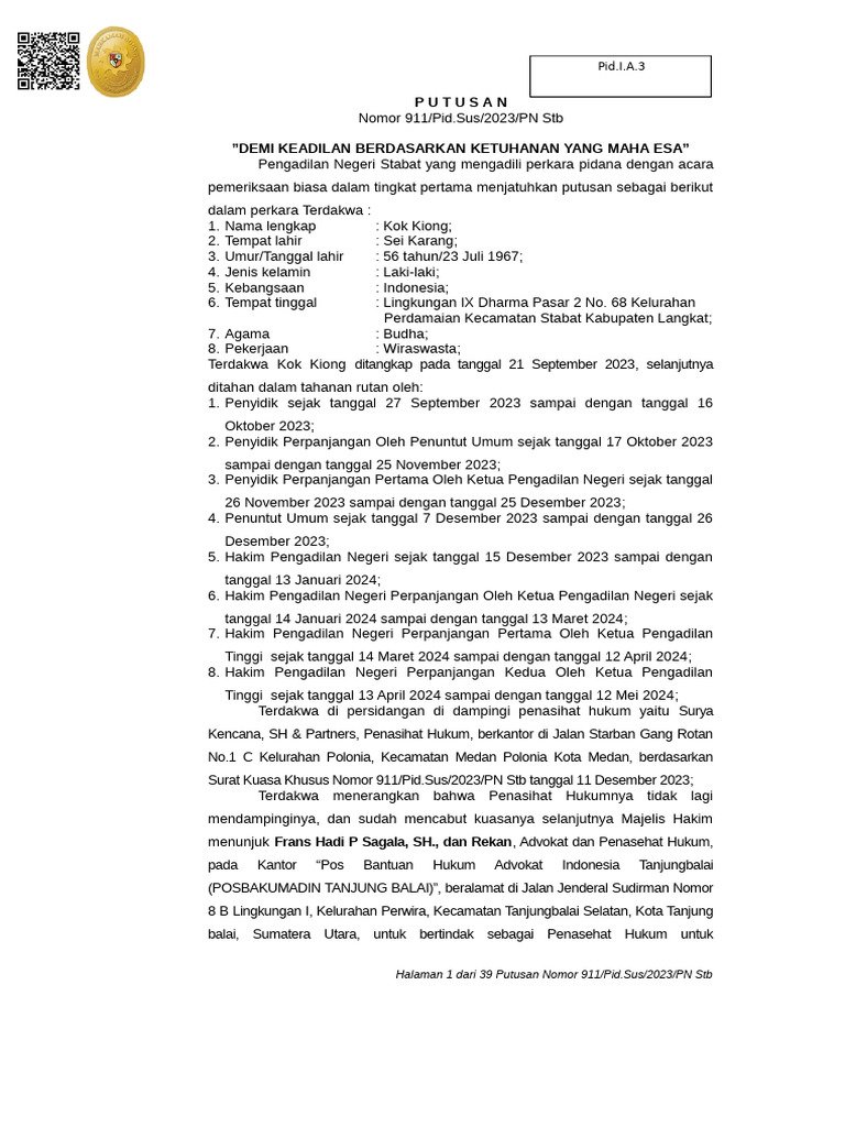 Putusan 911 Pid - Sus 2023 PN STB 20240503174514 | PDF