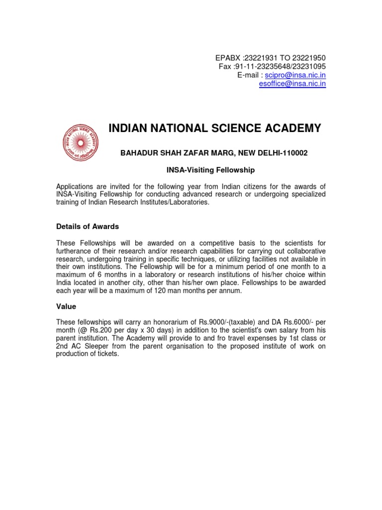 INSA Visiting Fellowship Application 2025 | PDF | Scientist | Science