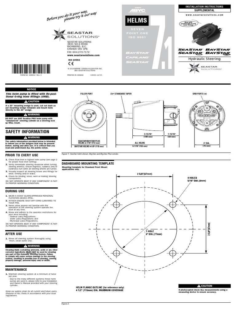 SeaStar Hydraulic Steering Boat Helm Installation Manual | PDF | Nut (Hardware) | Pump