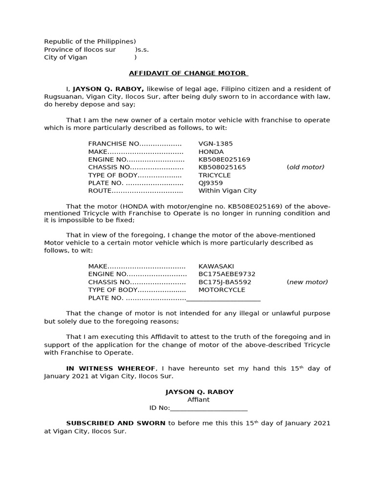 Affidavit of Change Motor | PDF