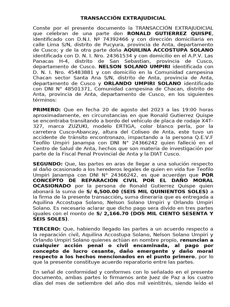 Transacción Extrajudicial | PDF