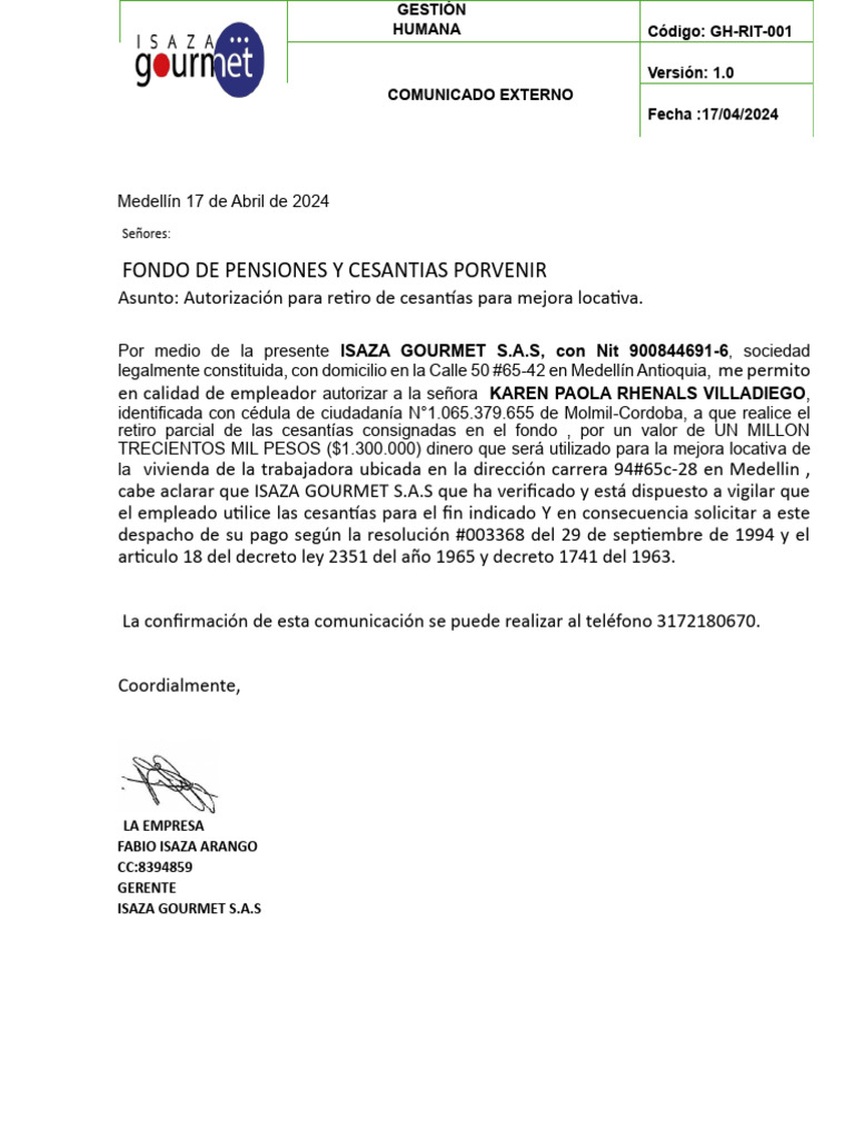 carta de cesantias (1) | PDF