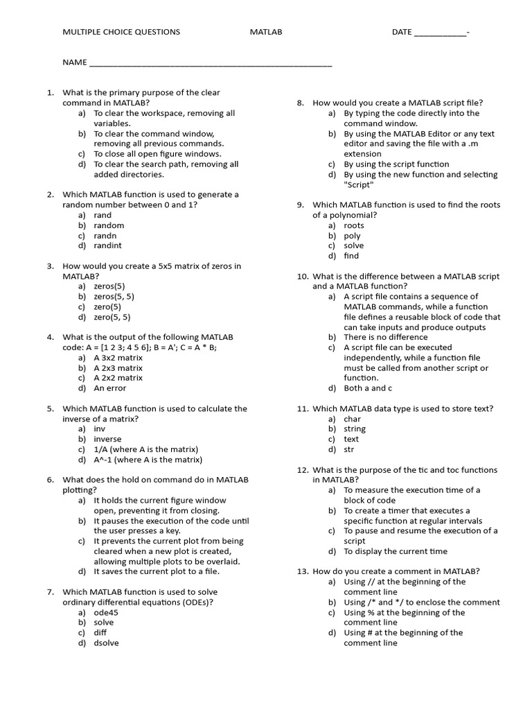 Matlab Multiple Choice Questions | PDF