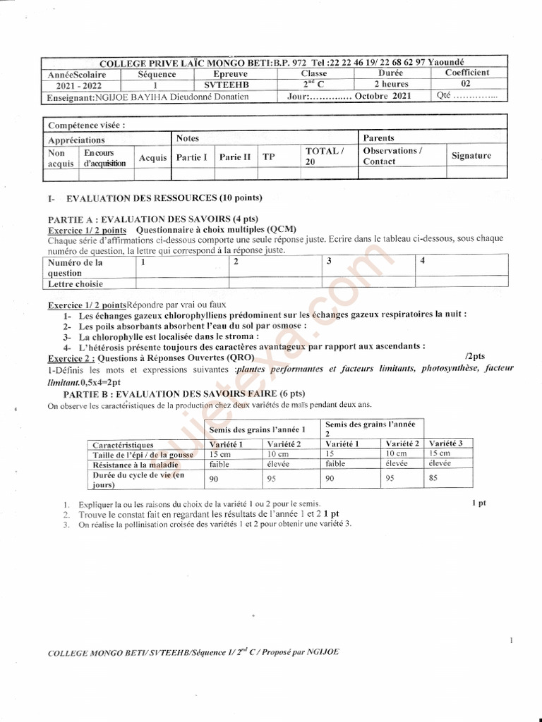 Svteehb - Collège Privé Mongo Beti - Évaluation N°1 - Seconde (2nde) C - Cameroun | PDF