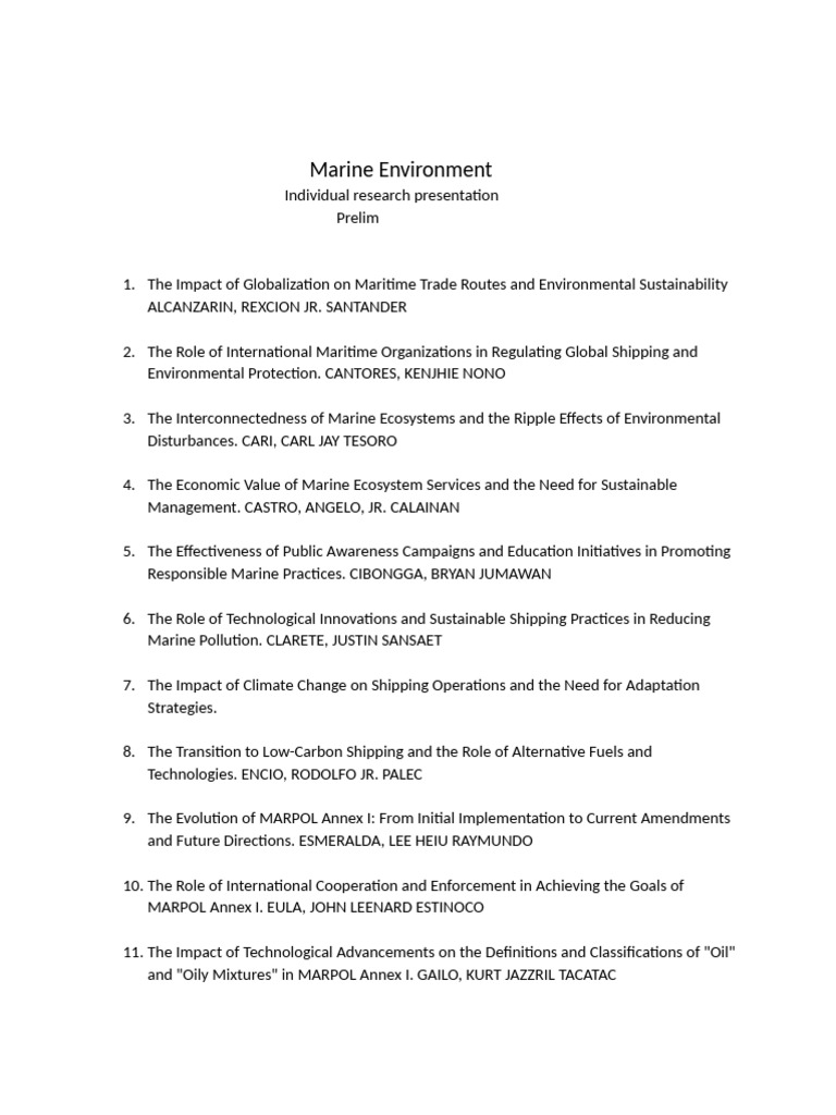 Marine Environment Prelim Research BSMT 2 2 | PDF | Oil Spill | Sustainability