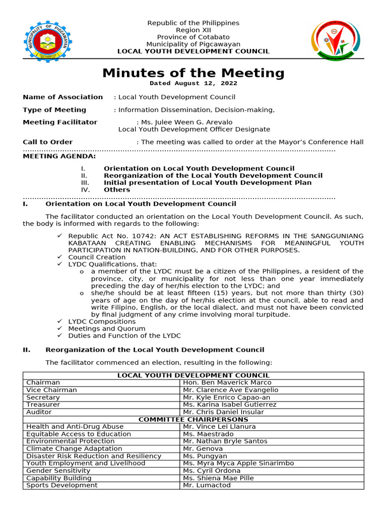 Pigcawayan Local Youth Council Meeting Minutes | PDF | Government