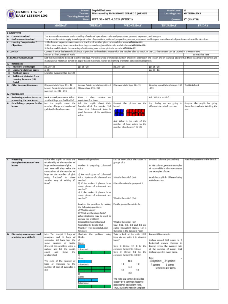 DLL - Math 6 - Q2 - W1 | PDF