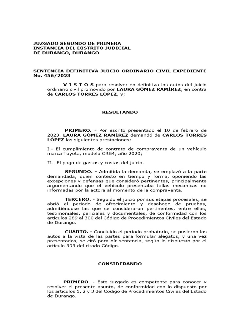 Sentencia Definitiva Juicio Ordinario Civil | PDF