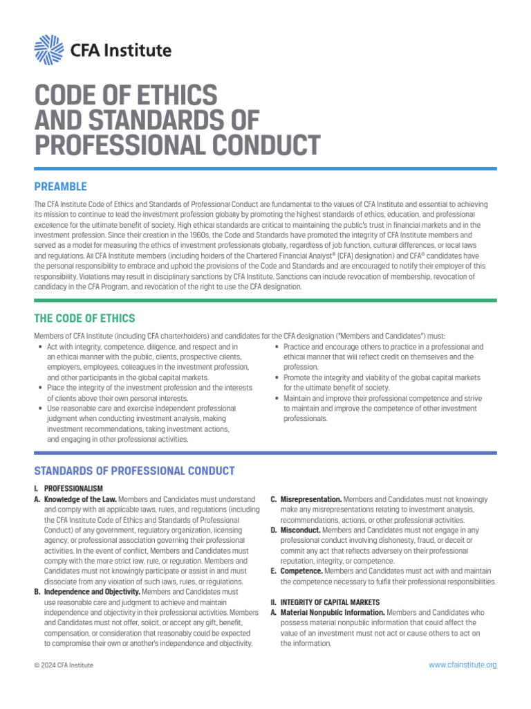 Code of Ethics and Standards of Professional Conduct 2024 | PDF