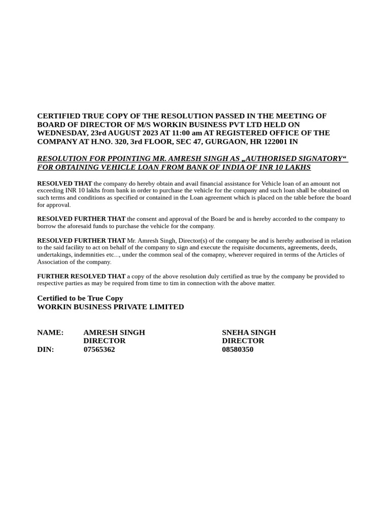 Board Resolution Format | PDF