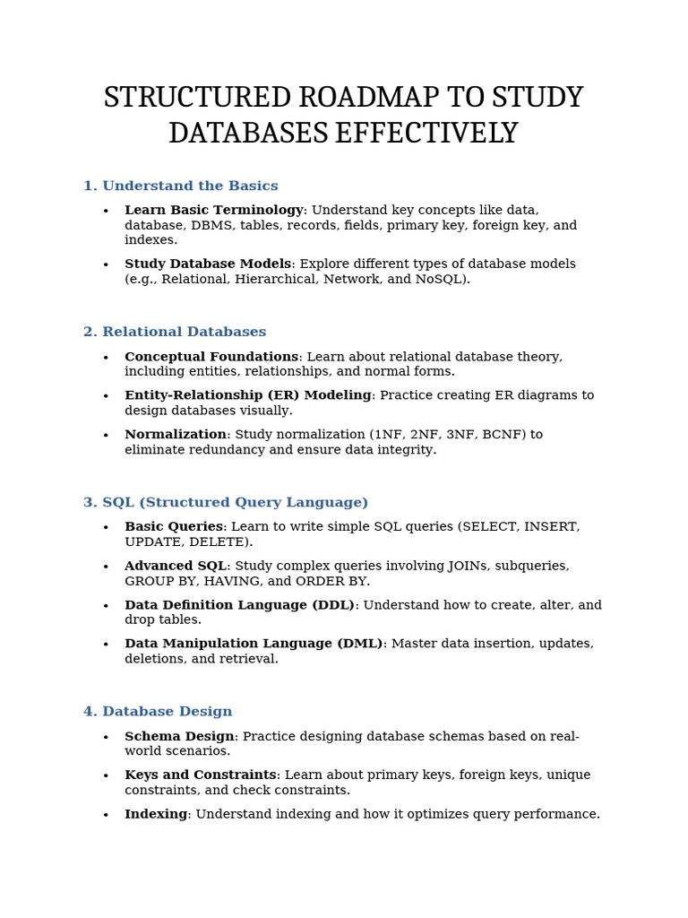 STRUCTURED ROADMAP TO STUDY DATABASES EFFECTIVELY | PDF
