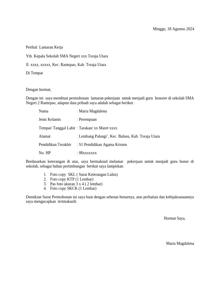 Surat Permohonan Lamaran Kerja Ke Sekolah | PDF