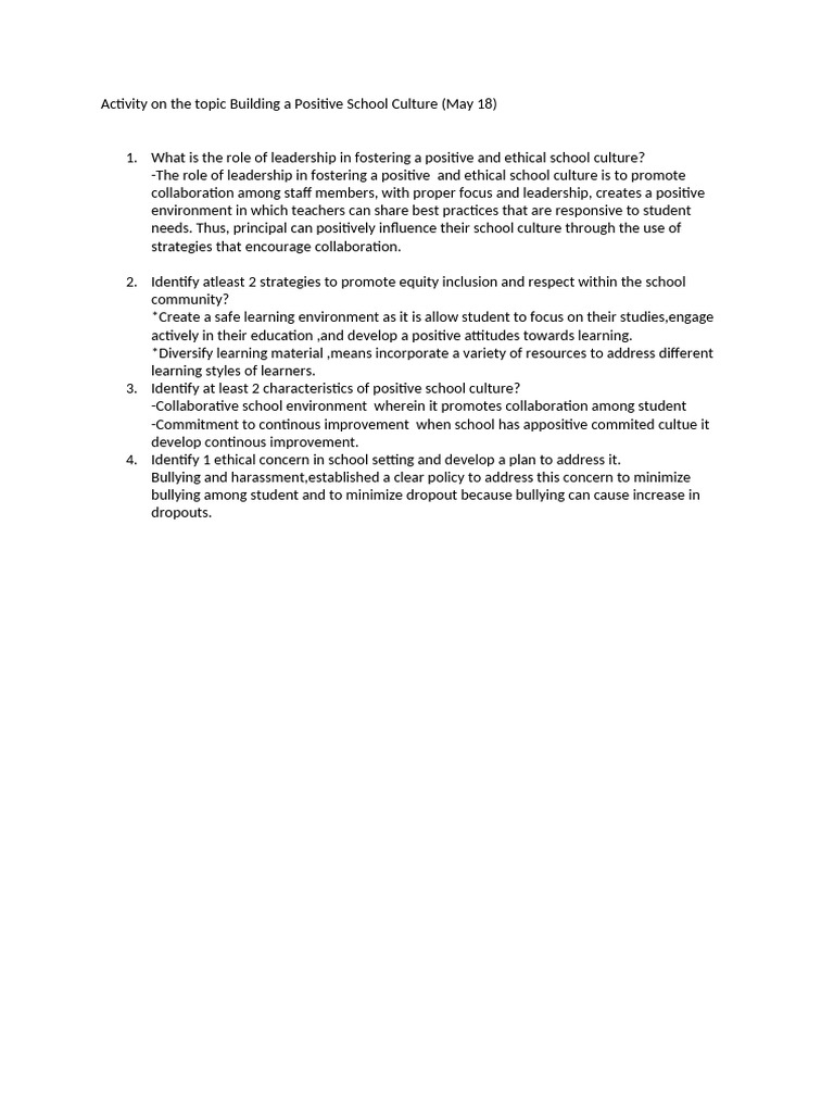 Activity On The Topic Building A Positive School Culture | PDF