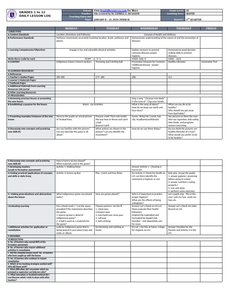 DLL - Mapeh 3 - Q2 - W8 | PDF