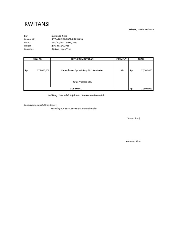 Kwitansi 10% Project Bpjs Richo | PDF