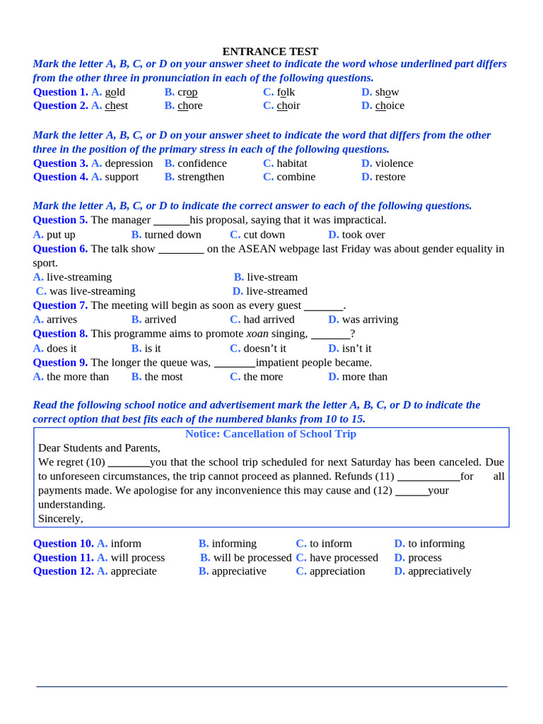 Entrance Test | PDF
