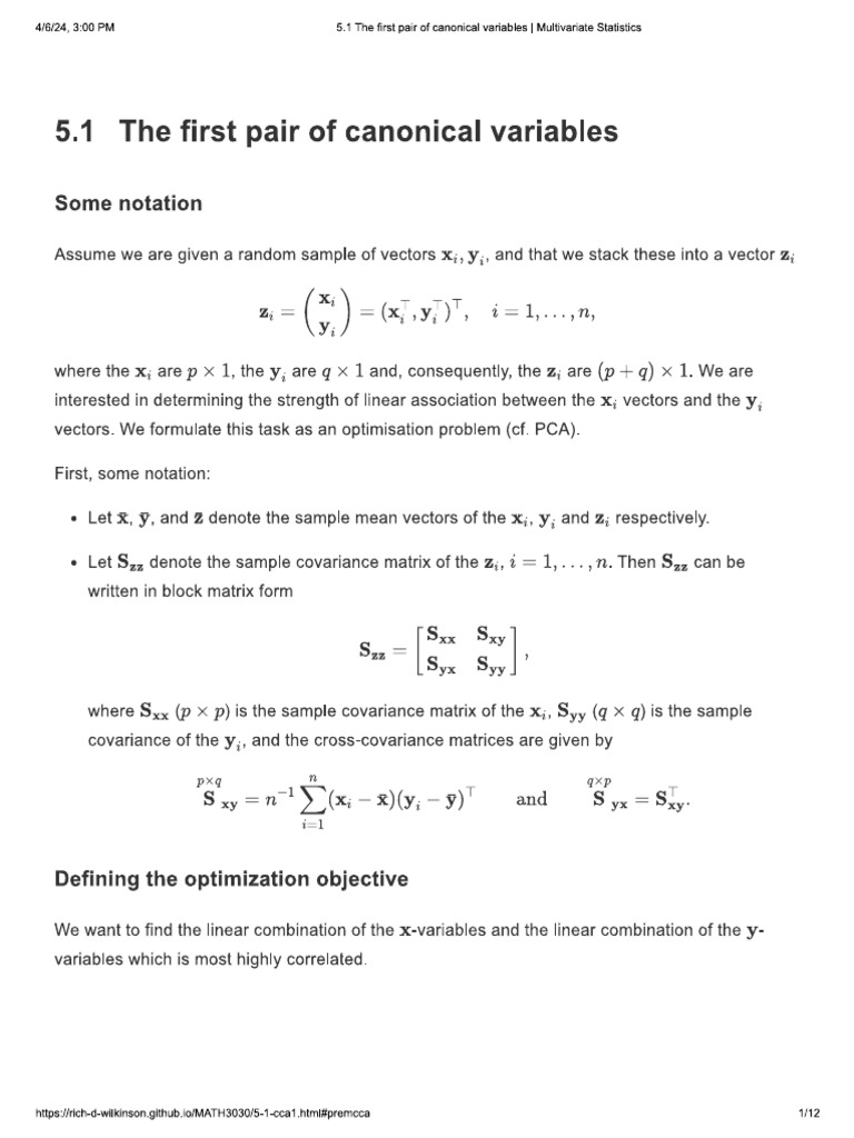 Canonical Correlation Analysis - Notes | PDF
