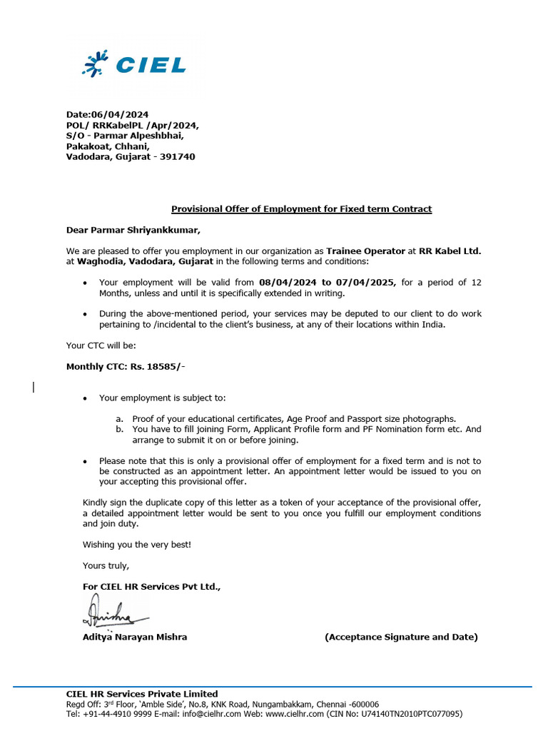 Parmar Shriyankkumar - Provisional Offer Letter | PDF