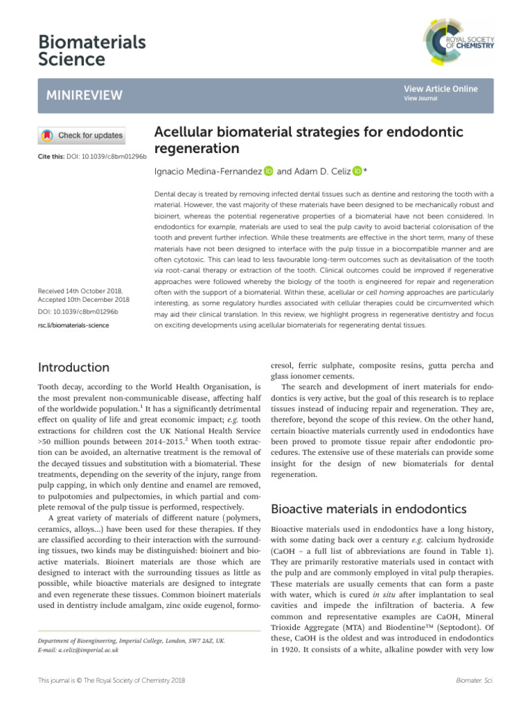 Acellular biomaterial strategies for endodontic regeneration | PDF