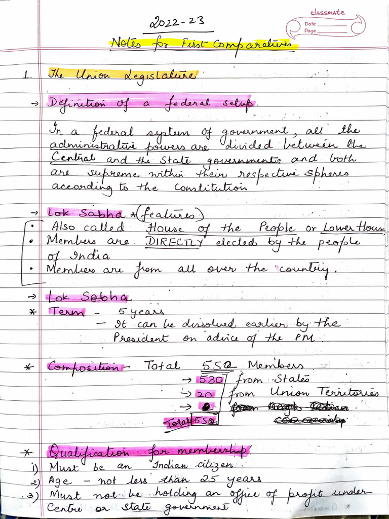 The Union Legislature - Class 10 ICSE Civics Notes | PDF